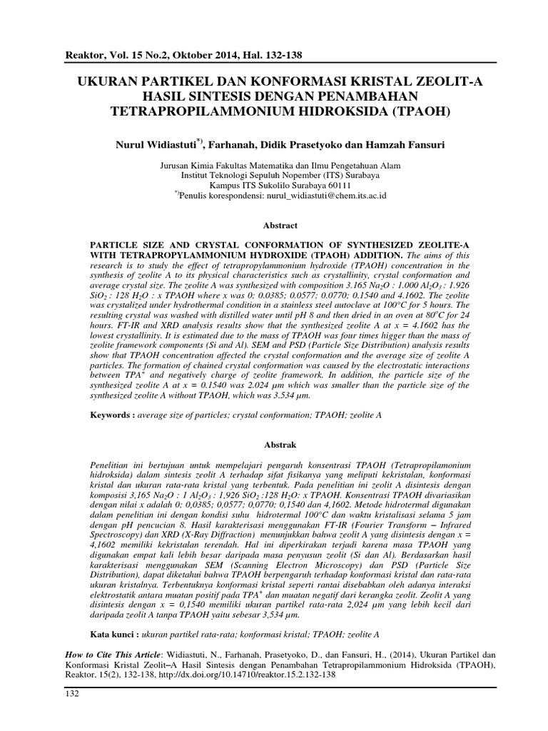 Ukuran Partikel Dan Konformasi Kristal Zeolit-A Hasil Sintesis Dengan ...