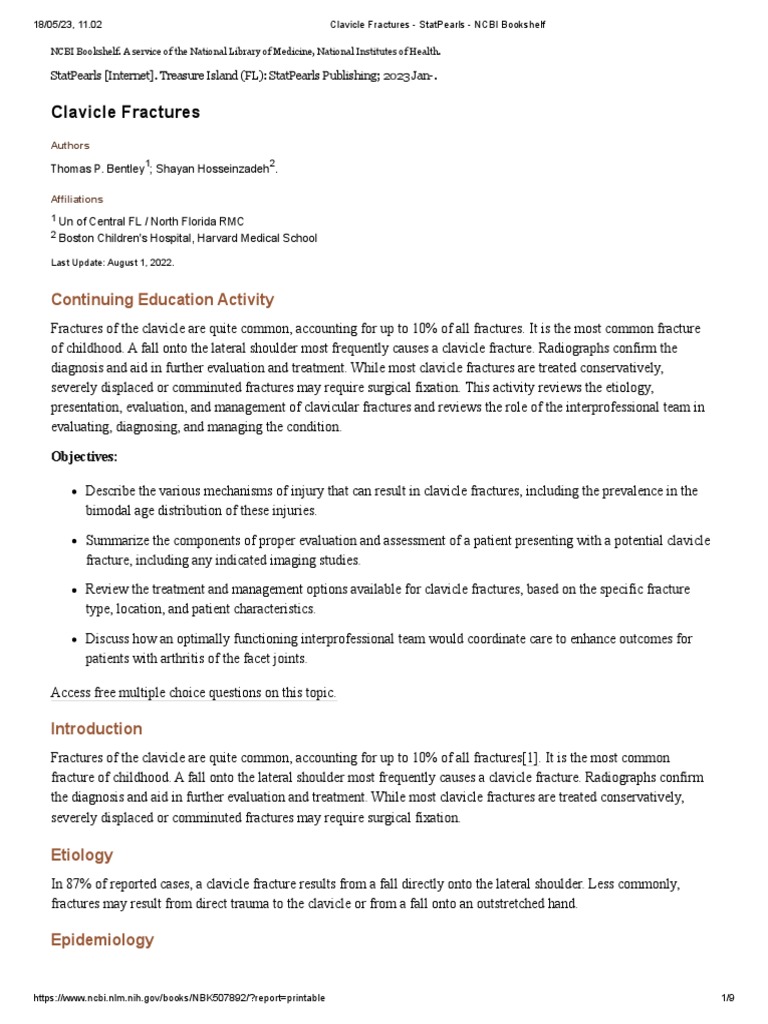 Clavicle Fractures - StatPearls - NCBI Bookshelf | PDF | Injury | Shoulder