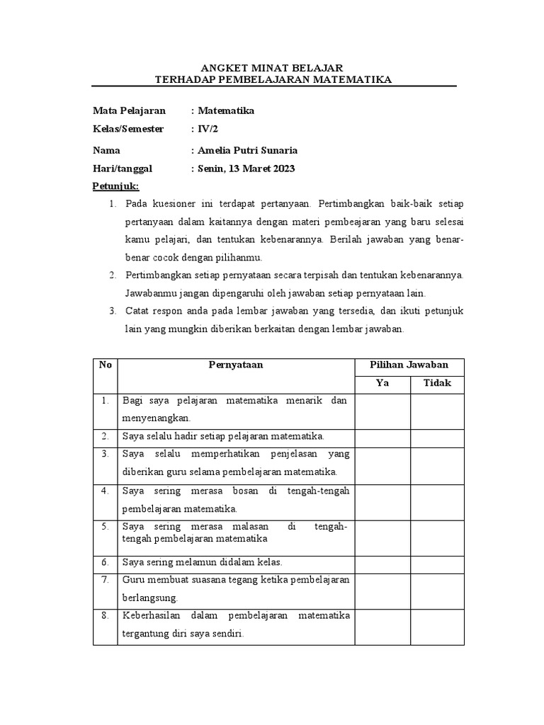 Angket Minat Belajar Terhadap Pembelajaran | PDF