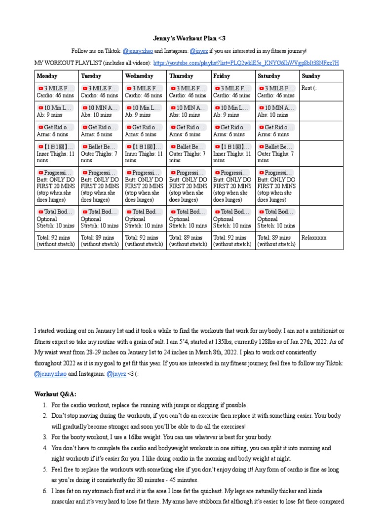 Jenny's Workout Plan - 3 | PDF | Diet (Nutrition) | Diet & Nutrition