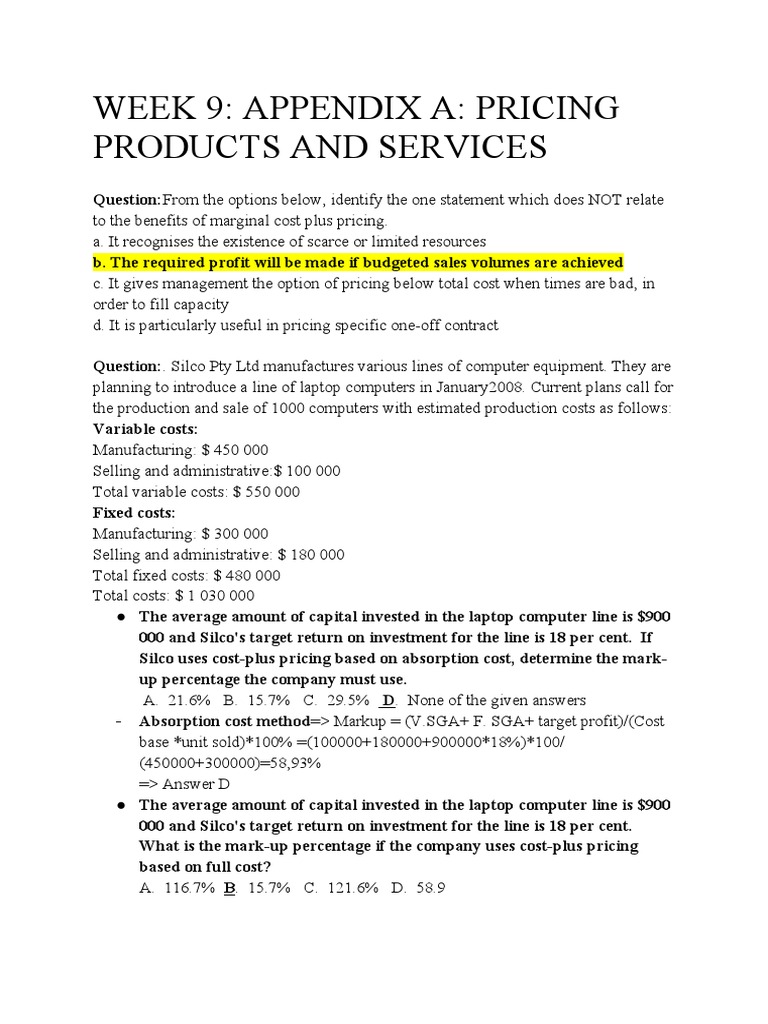 Week 9 - Appendix A - Pricing Products and Services | PDF | Pricing | Cost