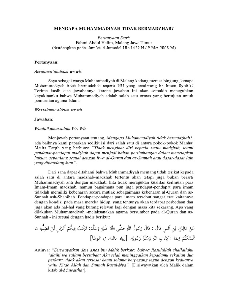 FATWA 2008 Mengapa Muhammadiyah Tidak Bermadzhab 1 | PDF