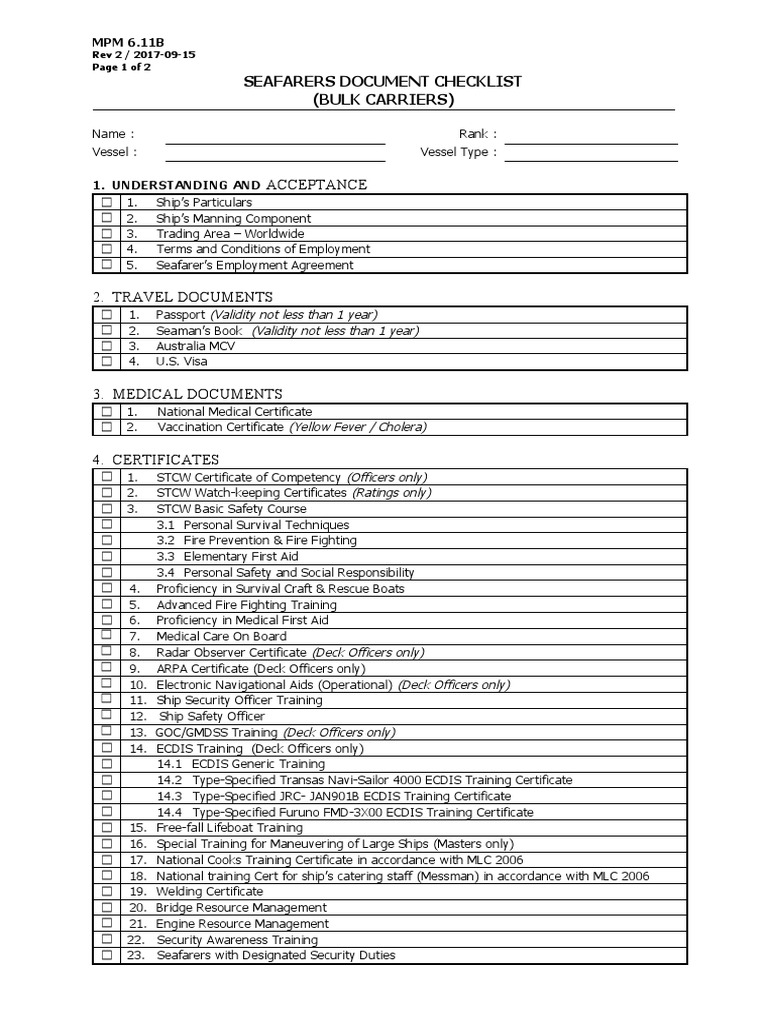 MPM 6.11B Seafarers Doc Checklist - BC | PDF | Sailor | Ships