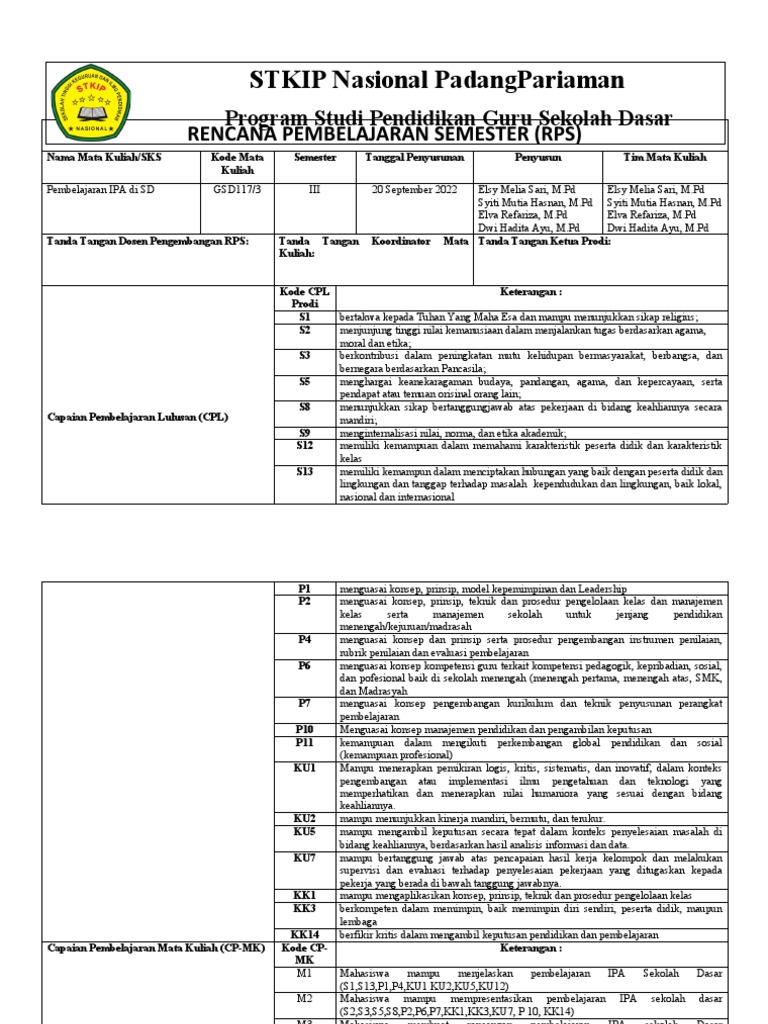 RPS Pembelajaran IPA Di SD-1 | PDF