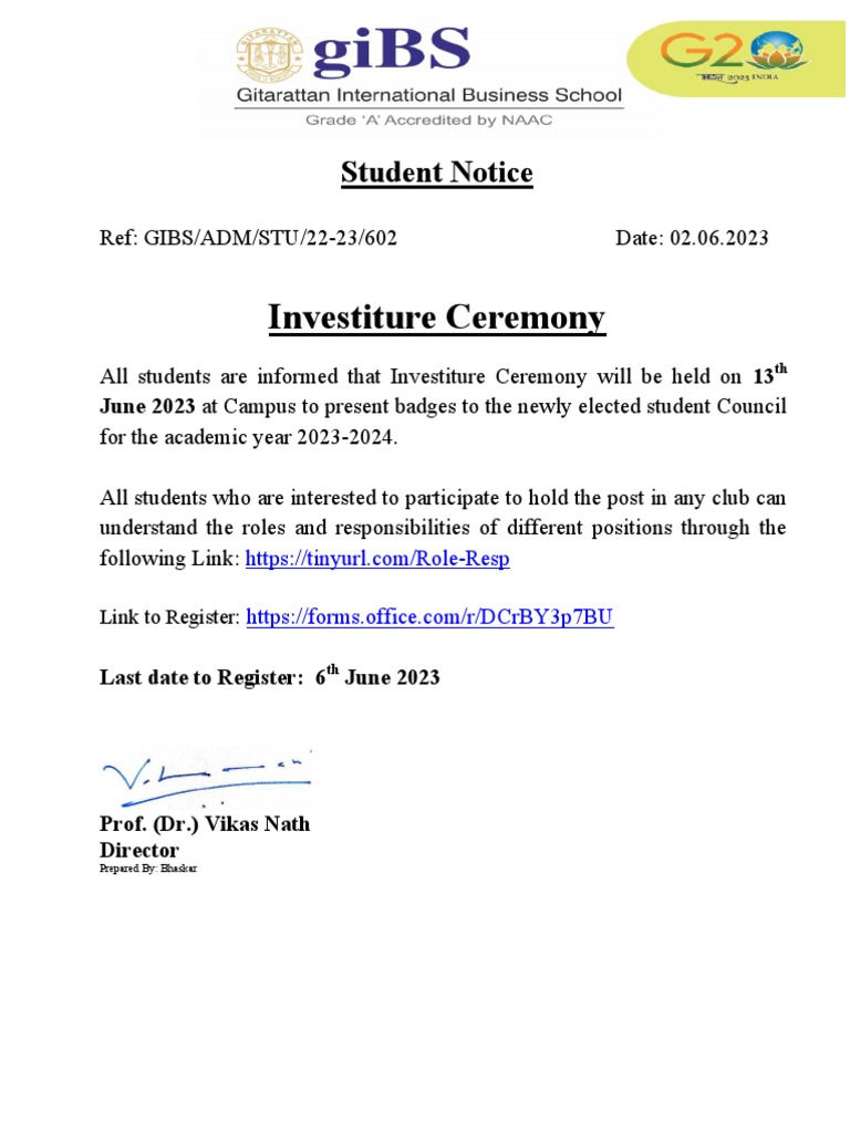 Investiture Ceremony: Student Notice | PDF