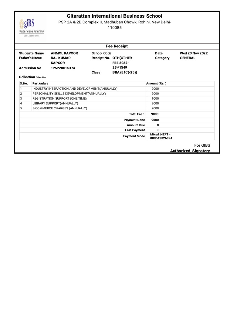 BBA Student Fee Receipt | PDF
