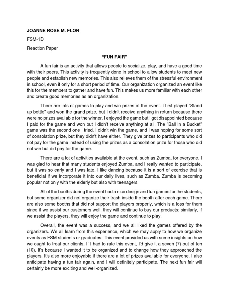 Fun Fair Reaction Paper | PDF | Psychology