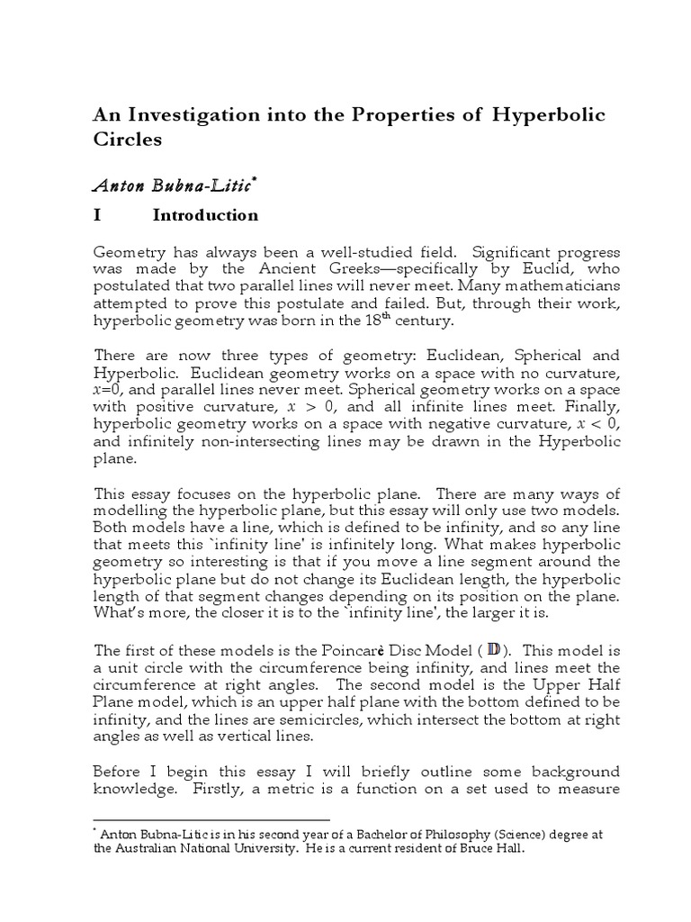 An Investigation Into The Properties of Hyperbolic Circles | PDF ...