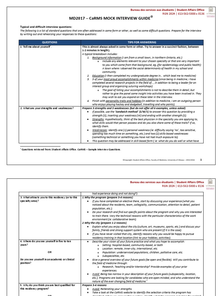 Md2017-Carms-Mock-Interview-Guide | PDF | Medical School | Residency ...