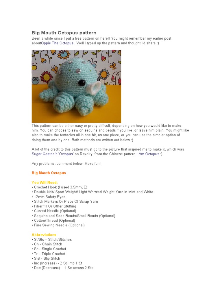 Big Mouth Octopus Pattern | PDF | Crochet | Yarn