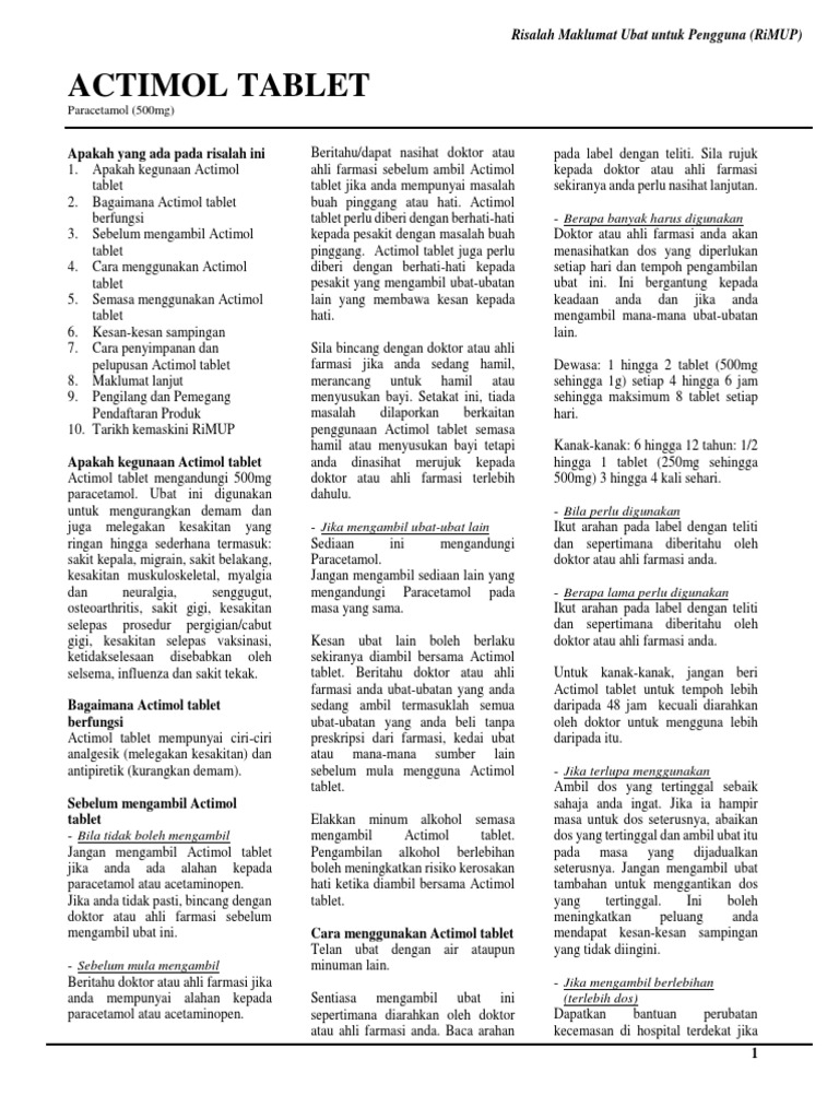 Actimol Tablet Paracetamol Pharmaniaga Manufacturing BHD 6 SEPT 2017 BM ...
