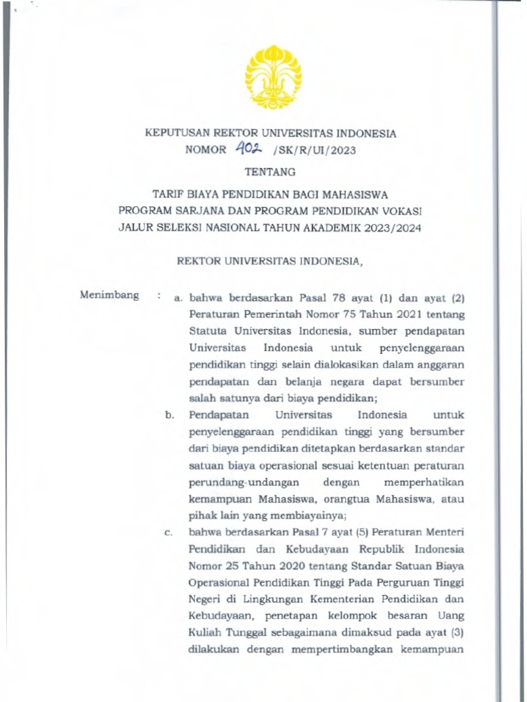 SK No 402 Tentang Tarif BP Program Sarjana Dan Program Pendidikan Vokasi Jalur Seleksi Nasional ...