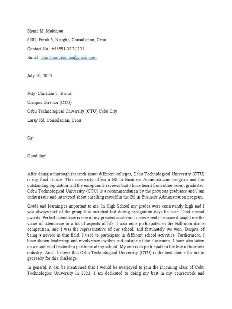 College Application Letter Example | PDF | Career & Growth