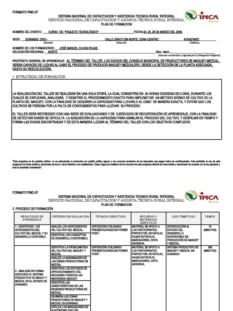 Plan de Formaciòn Maguey Mezcal Paq. Tec. | PDF | Evaluación | Creación ...