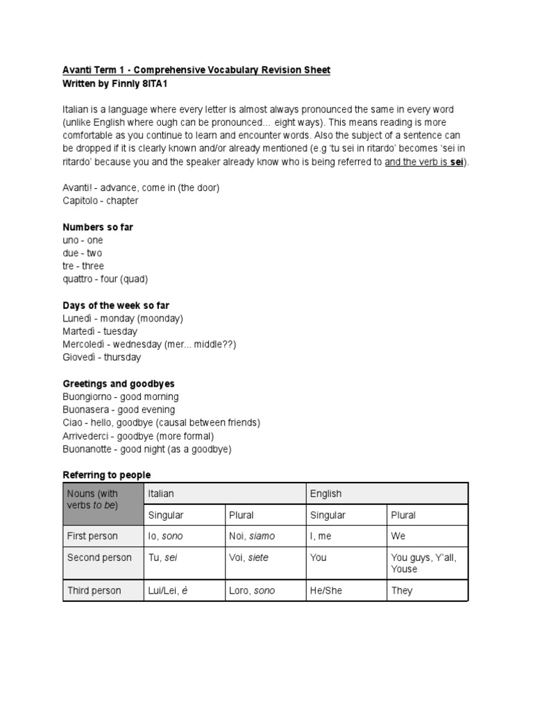 Avanti Term 1 - Comprehensive Vocabulary Revision Sheet Year 8 | PDF ...