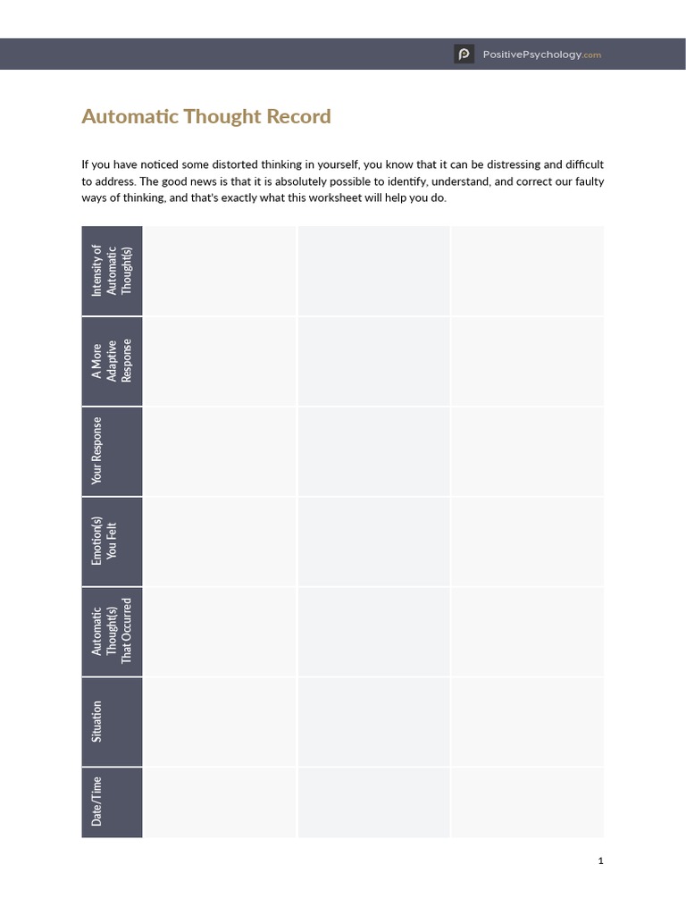 Automatic Thought Record Worksheet | PDF | Thought | Behavioural Sciences