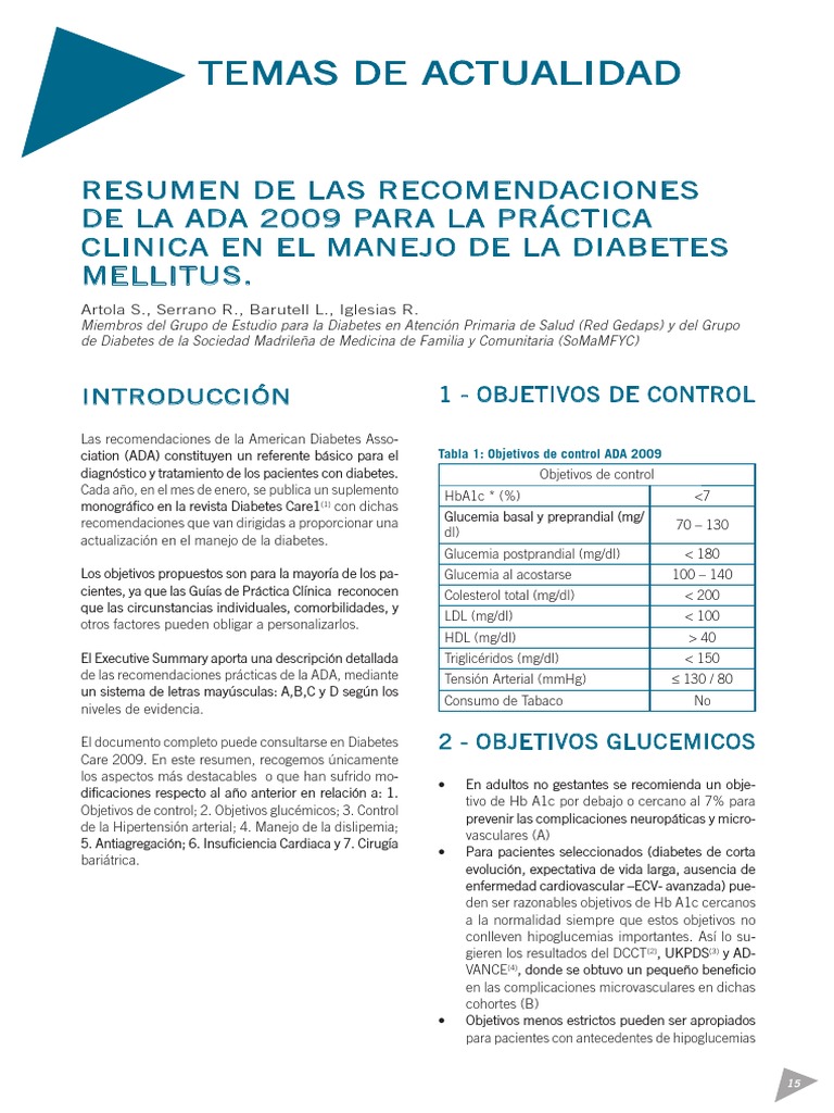 Recomendaciones ADA 2009 para Diabetes | PDF | Enfermedades y ...