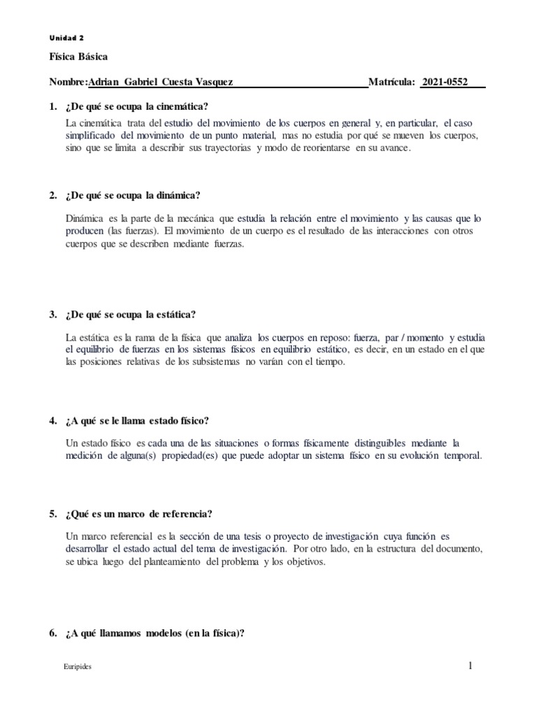 Tarea 1 - Unidad2 Adrian Gabriel Cuesta Vasquez | PDF | Aceleración | Velocidad
