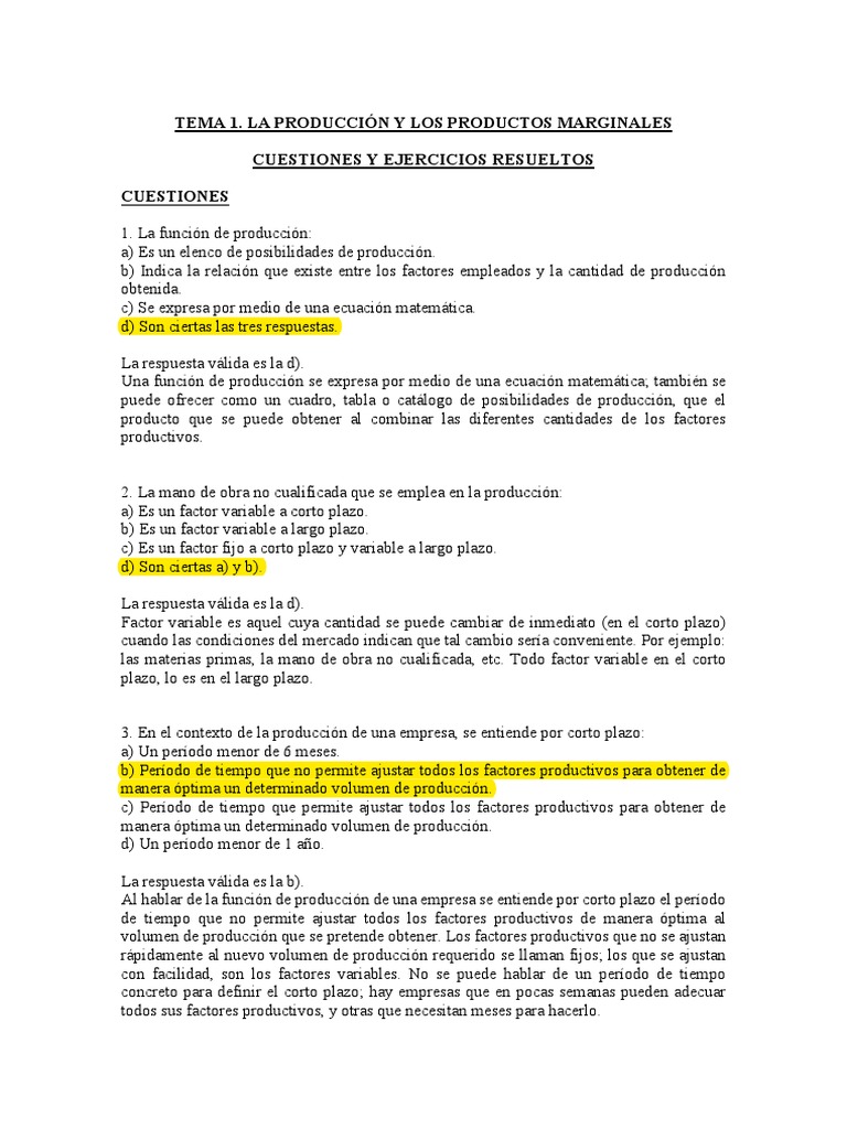 Tema 1. Cuestiones y Ejercicios Resueltos. | PDF | Función de producción | Economía Financiera