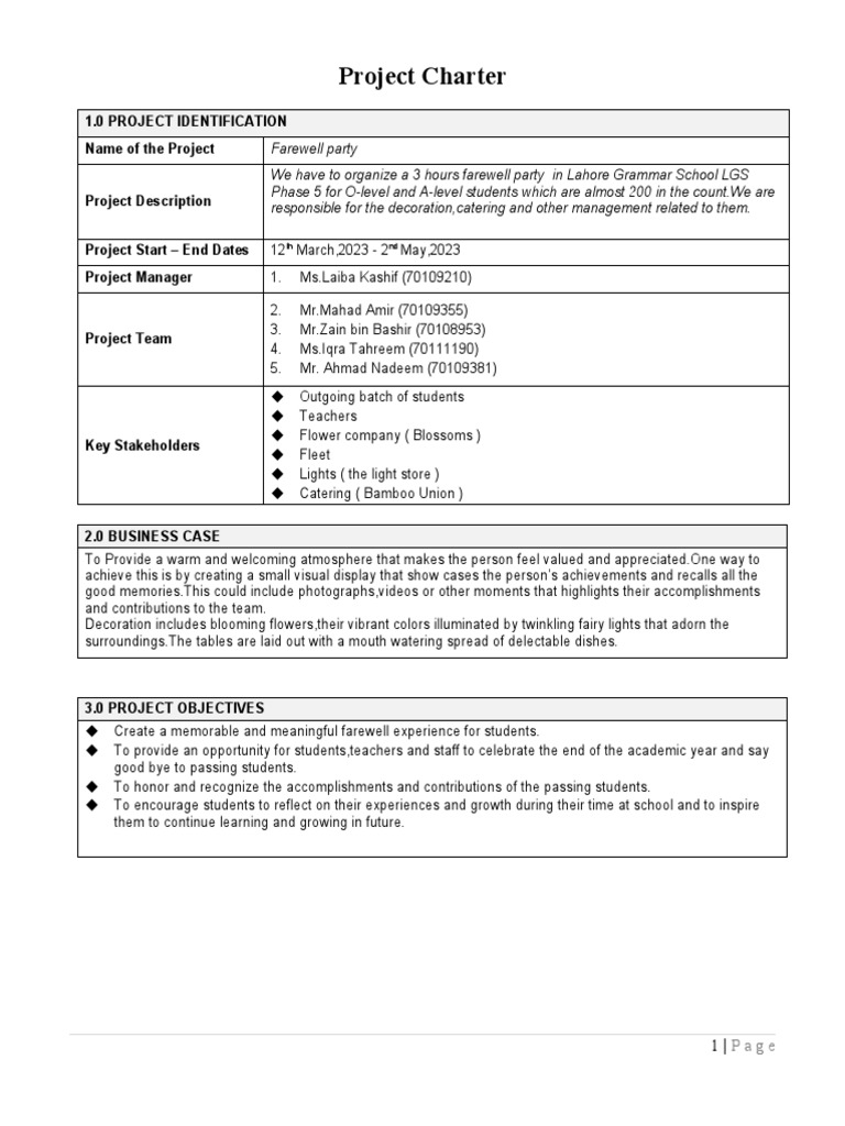 Farewell Party Project Charter | PDF | Art