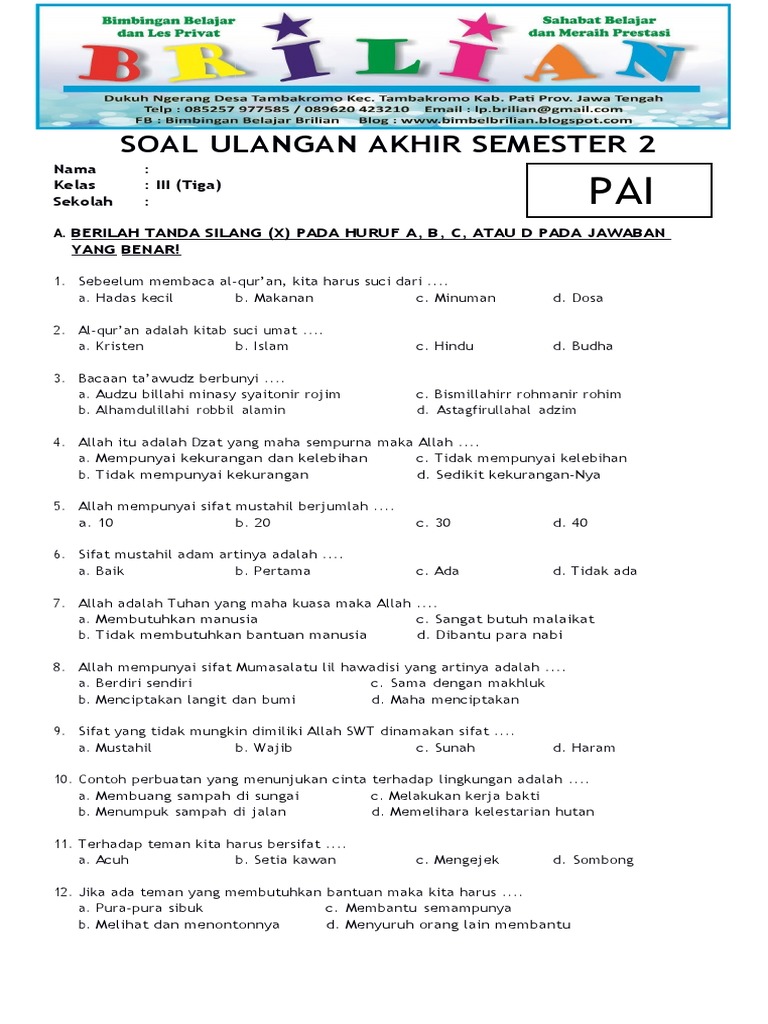 388840938-Soal-UAS-PAI-Kelas-3-SD-Semester-2-Dan-Kunci-Jawaban-pdf | PDF
