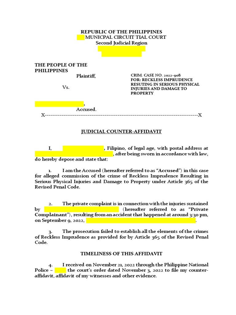 Judicial Counter Affidavit RIR in Serious Physical Injury | PDF | Negligence | Recklessness (Law)