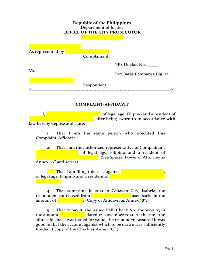 Complaint Affidavit BP 22 | PDF | Affidavit | Legal Procedure