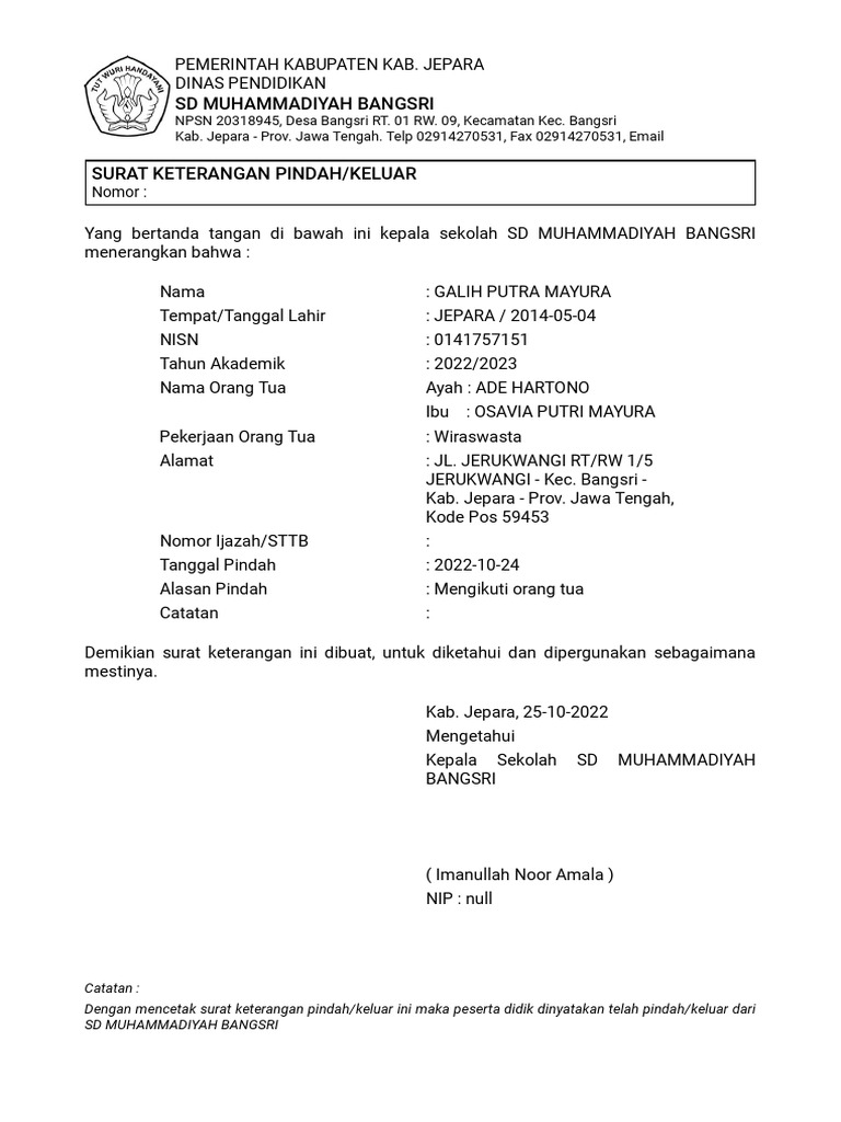 Contoh Surat Mutasi | PDF