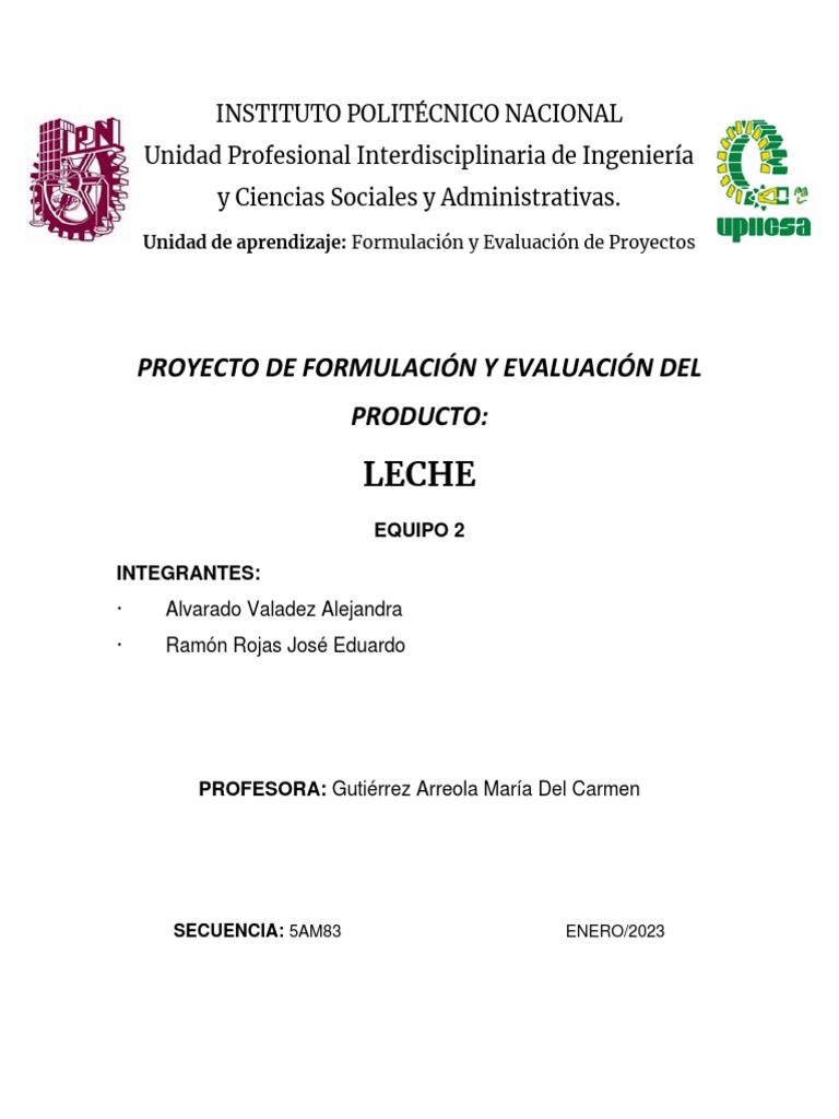 Proyecto Final. Producto Leche. Equipo 2. 5am83 | PDF | Oferta (economía) | Leche