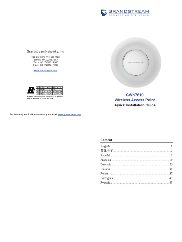 GWN7610 Quick Installation Guide | PDF | Computer Network | Wireless Access Point
