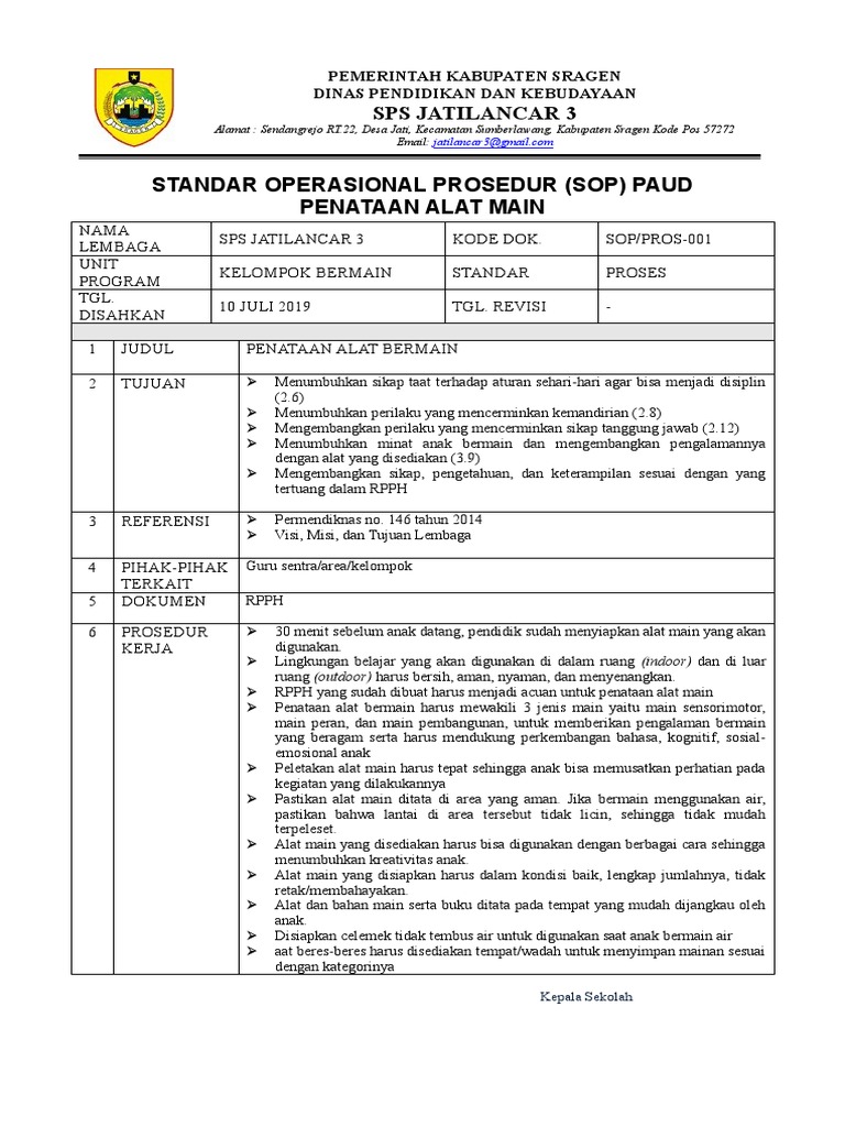 1 Sop Paud Penataan Alat Main | PDF | Kesehatan Holistik