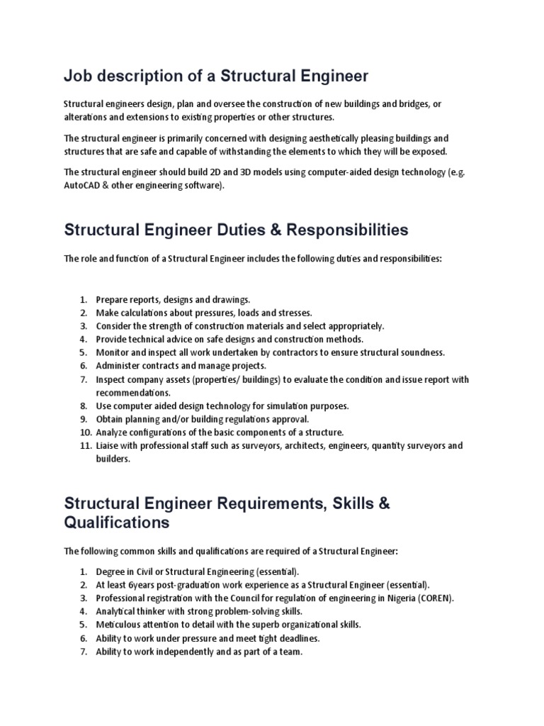 Job Description of A Structural Engineer | PDF | Structural Engineering ...