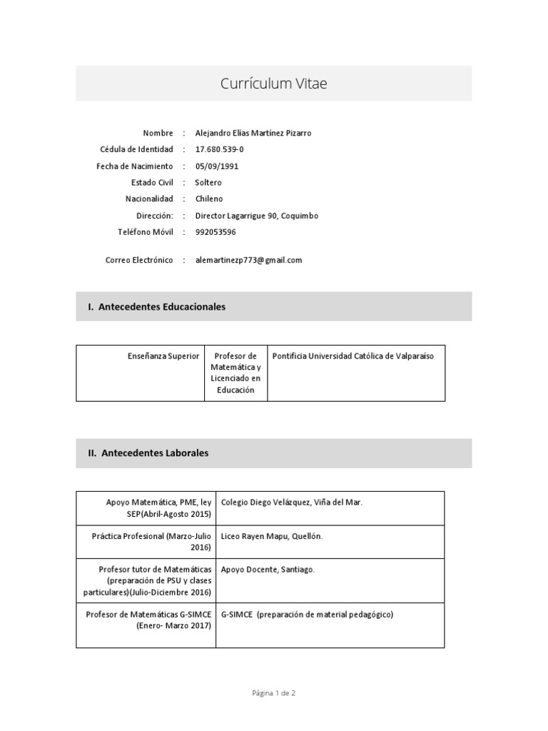Curriculum Vitae Profesor Alejandro Martínez | PDF | Maestros | Enseñando