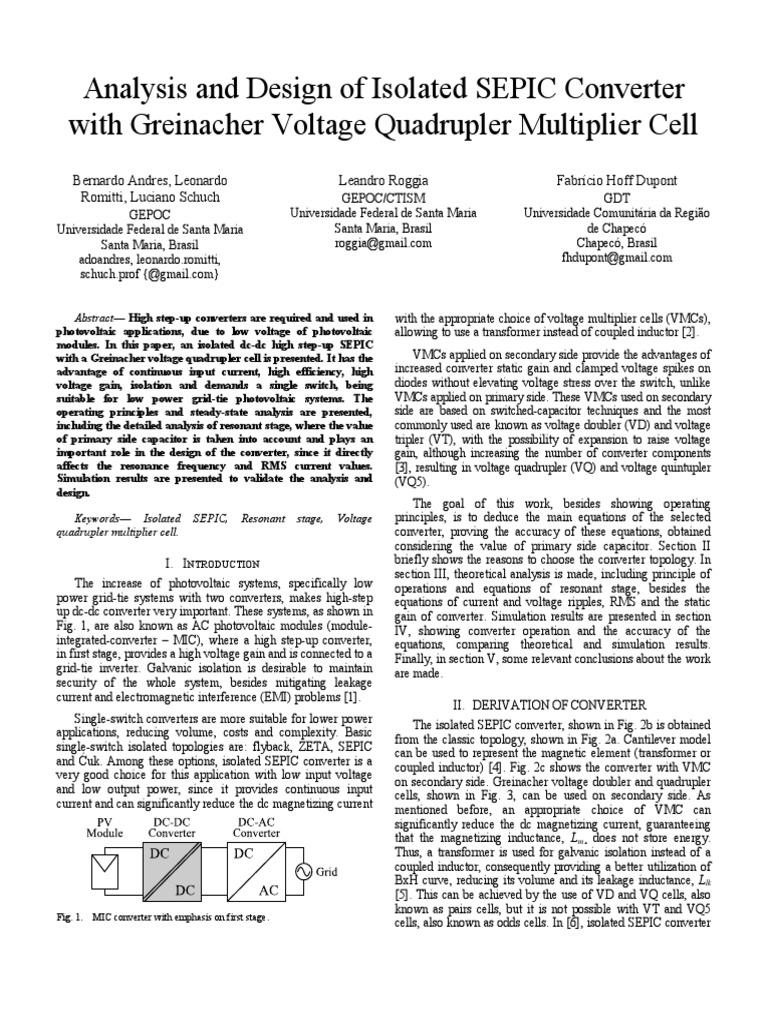 Analysis and Design of Isolated SEPIC Converter With Greinacher Voltage ...