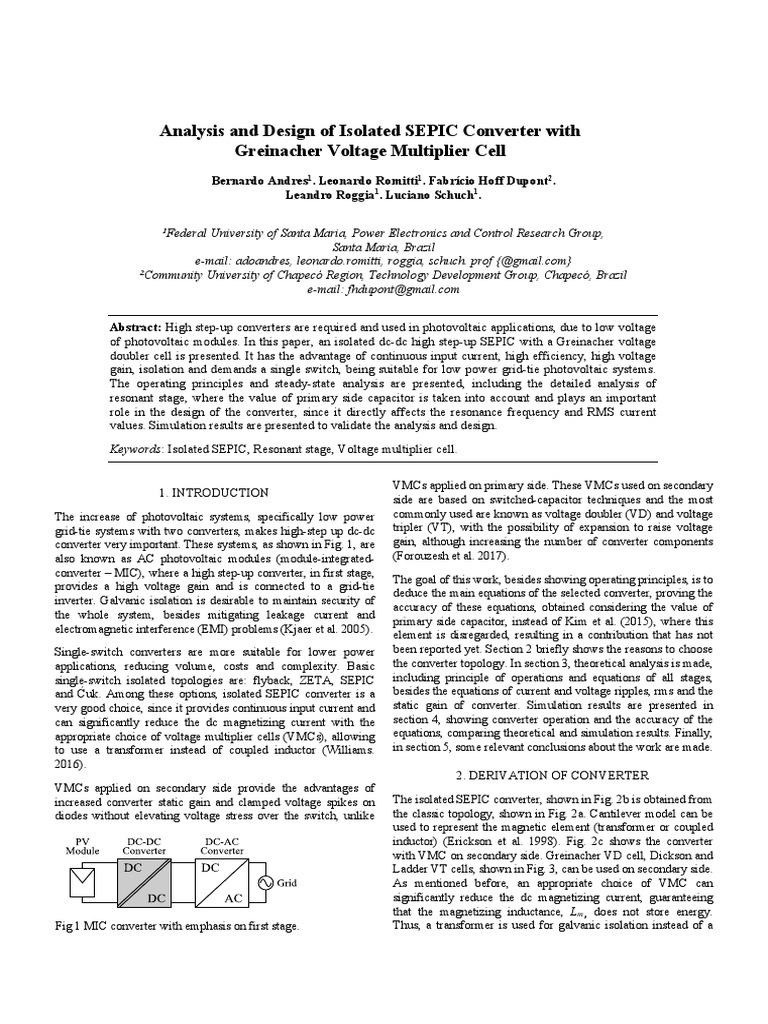 Analysis and Design of Isolated SEPIC Converter With Greinacher Voltage ...