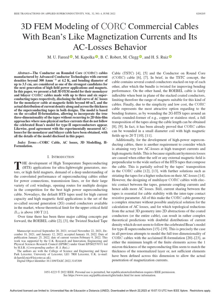 3D FEM Modeling of Mathrm CORC Commercial Cables With Beans Like Magnetization Currents and Its ...