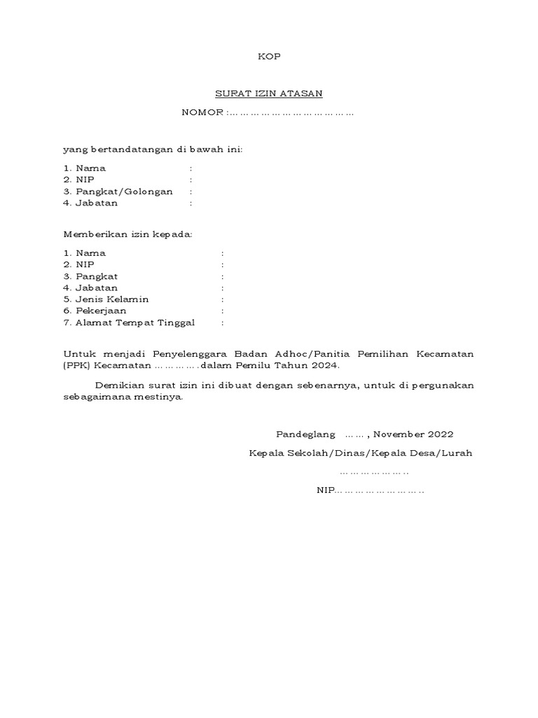 Format Surat Ijin Atasan Untuk Ppk | PDF