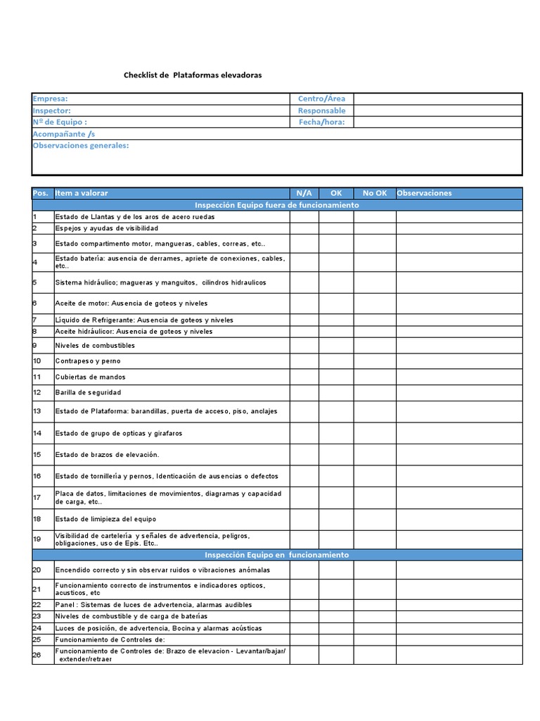 Checklist Plataformas Elevadoras | PDF