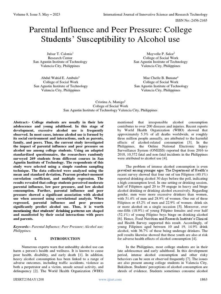 Parental Influence and Peer Pressure College Students' Susceptibility To Alcohol Use | PDF ...