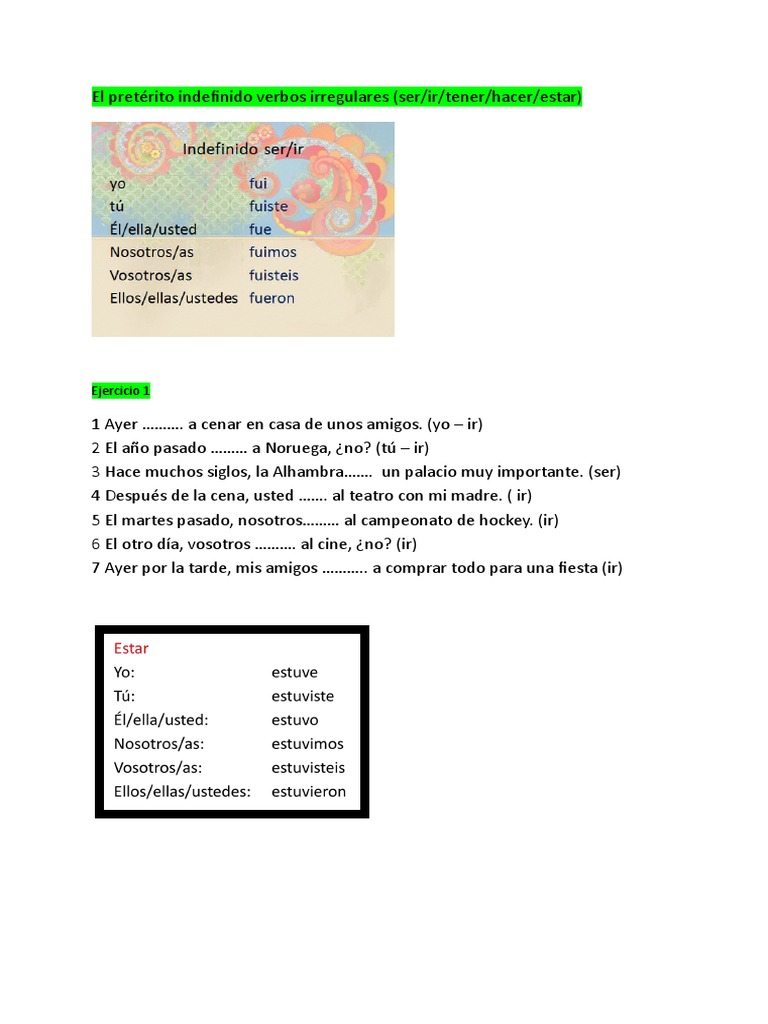Ejercicios Pretérito Indefinido Irregular | PDF | Juegos y actividades ...
