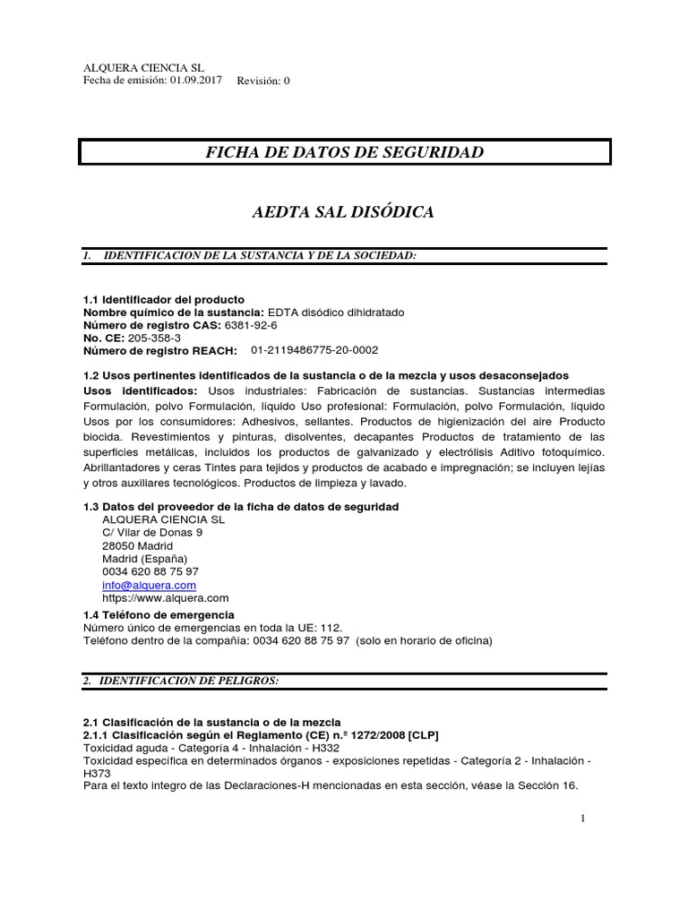 AEDT Sal Disodica 1 MSDS Alquera | PDF | Toxicidad | Cobre