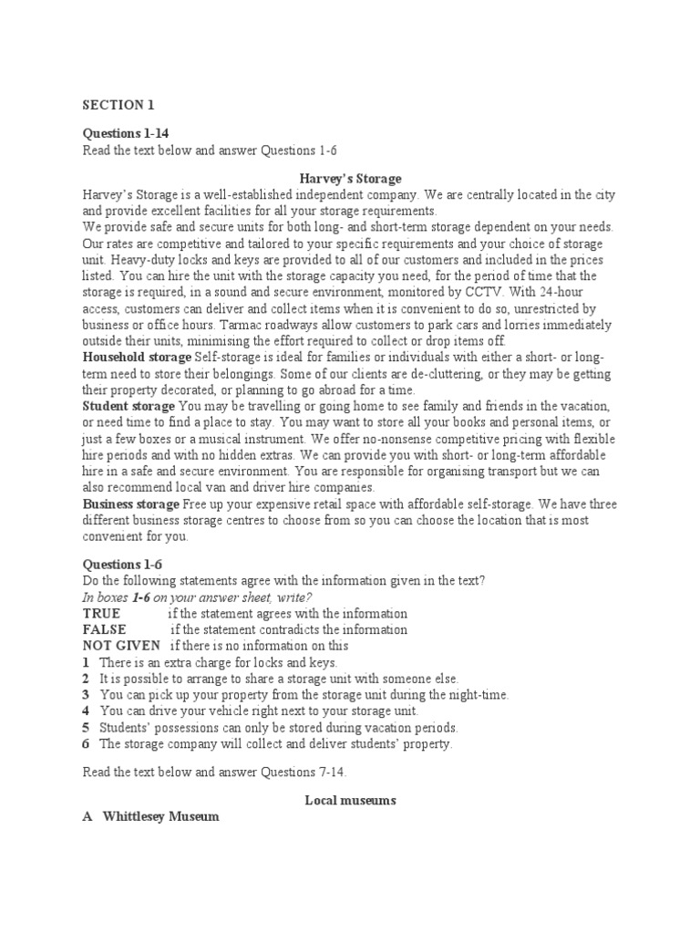 Section 1 Questions 1-14 Harvey's Storage: in Boxes 1-6 On Your Answer Sheet, Write? | PDF ...