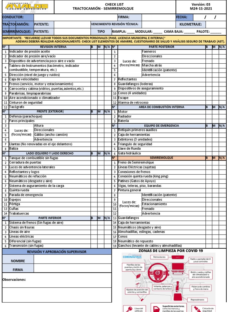 Check List para Tractocamiones y Semirremolques | PDF | Camión | Neumático
