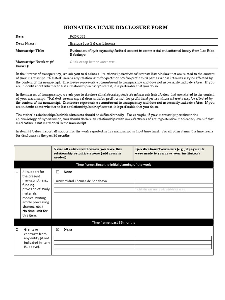 Bionatura-Icmje-Disclosure Honey-Form | Download Free PDF | Business