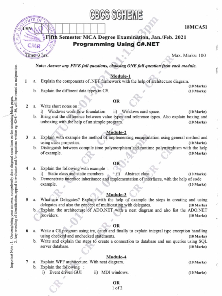 Vtu Question Paper Of 18mca51 Programming Using C Net Jan 2021 Pdf