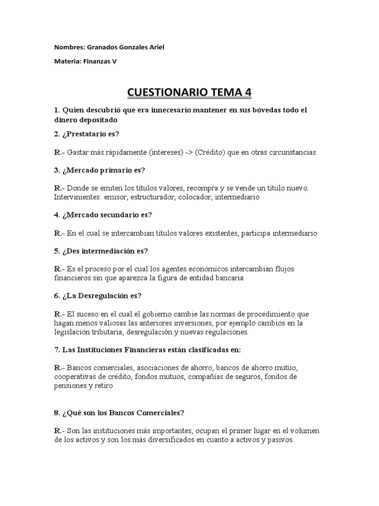 Cuestionario Tema 4 | PDF | Bancos | Mercado (economía)