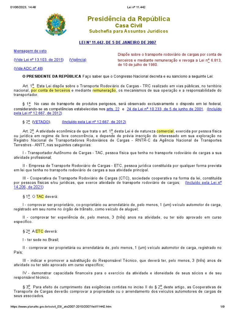 Lei nº 11.442 | PDF | Seguro | Crédito