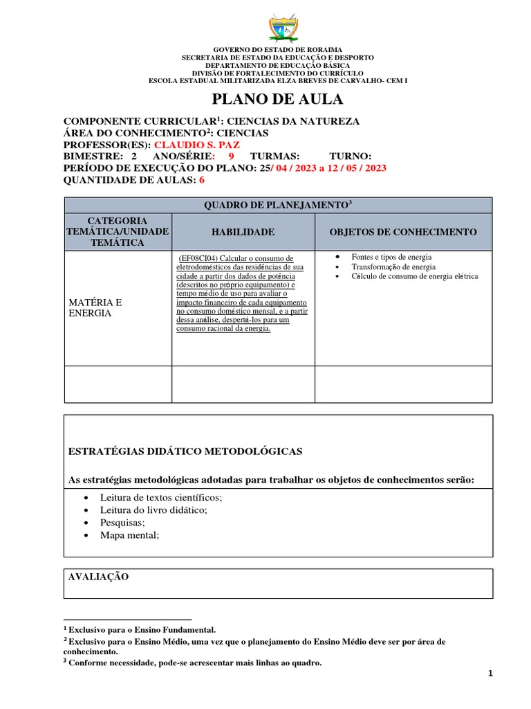Plano de Aula - 9 ANO - 1 QUINZENA | PDF | Pedagogia | Science