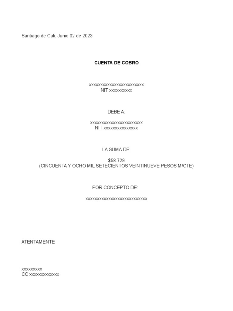 Cuenta de Cobro por $58,729 en Cali | PDF