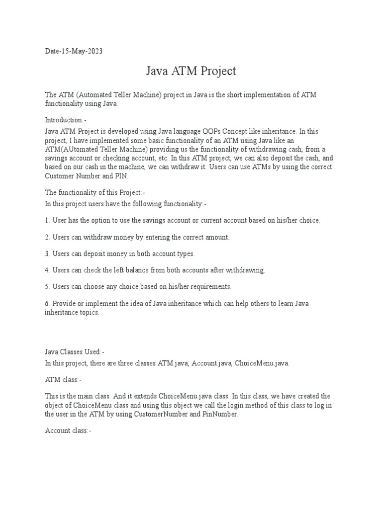 Java Atm Ptoject Pdf Automated Teller Machine Class Computer Programming 0352